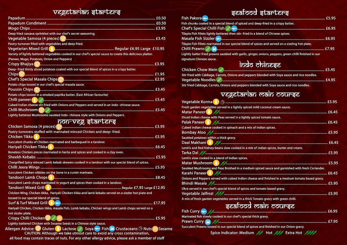 Menu at Three Kilns restaurant, Leicester