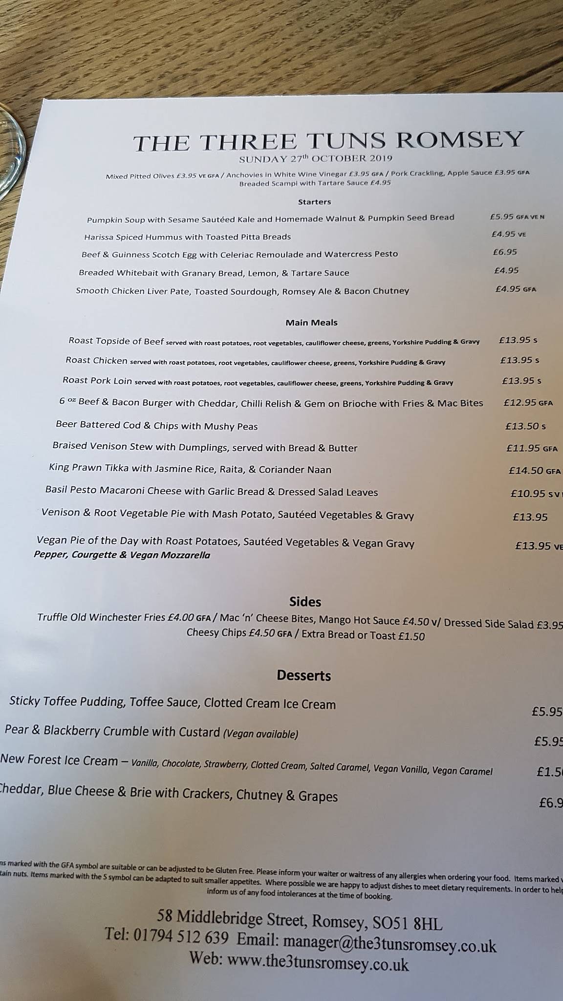 Menu at Three Tuns pub & bar, Romsey