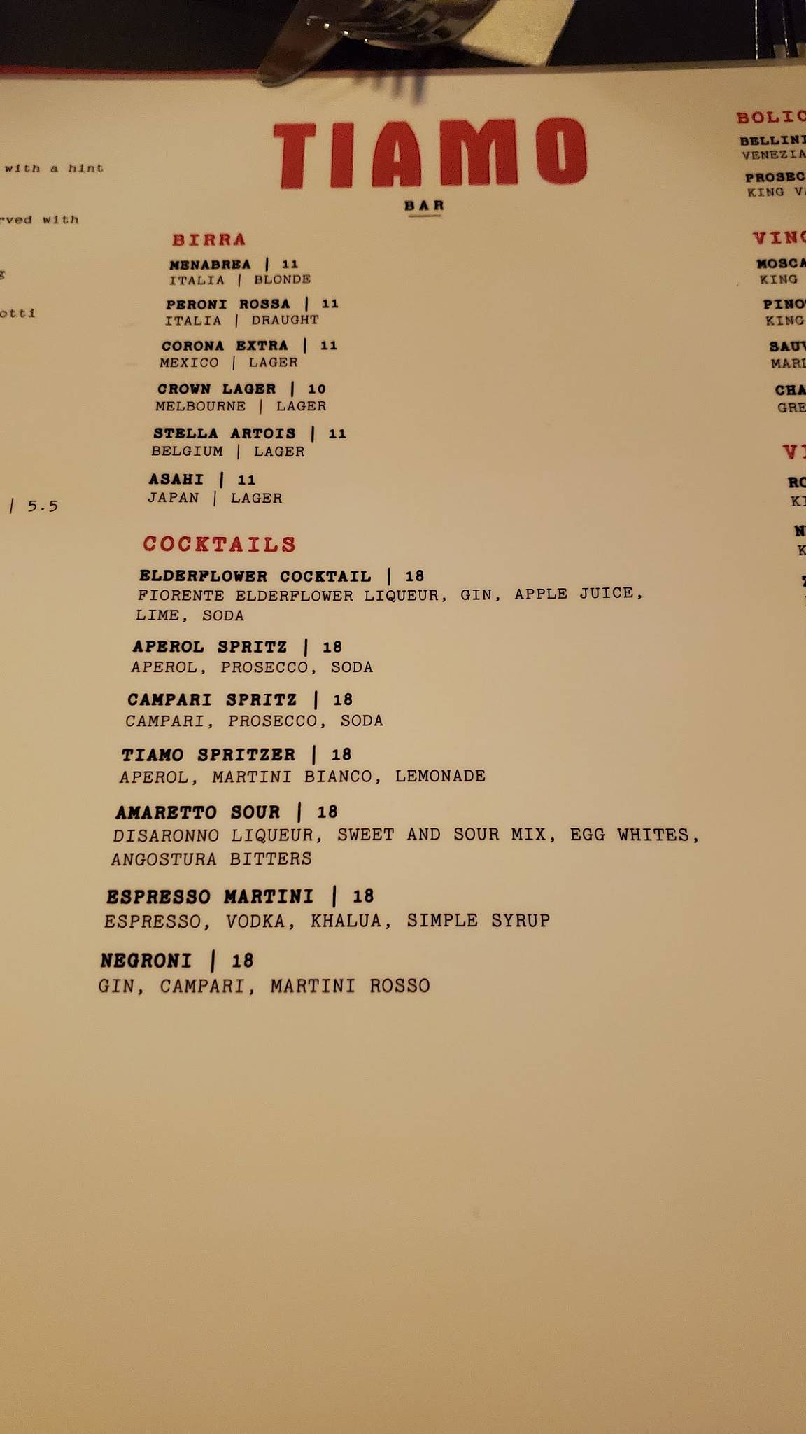 Menu at Tiamo restaurant, Carlton
