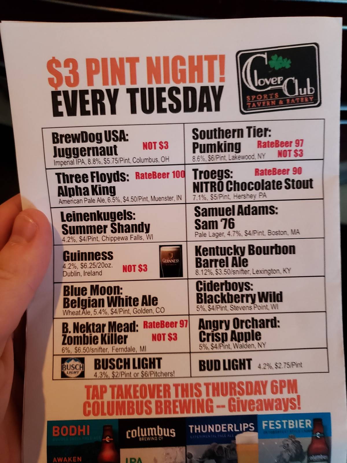 Menu at Clover Club Sports Tavern & Eatery, Tiffin