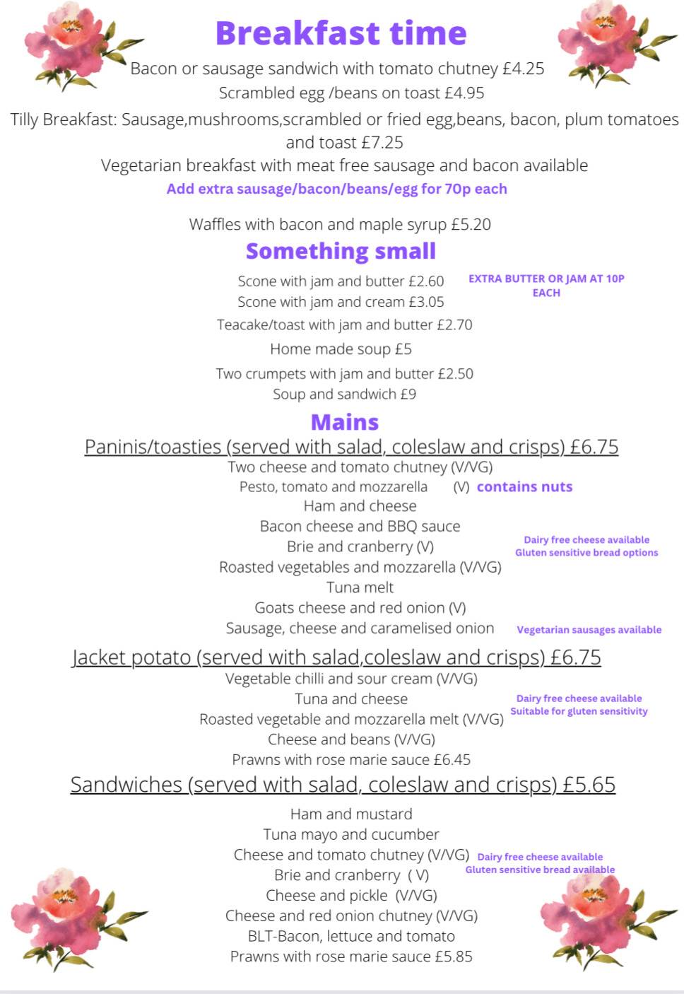 Menu at Tilly's Tea & Gift Shop cafe, Metheringham
