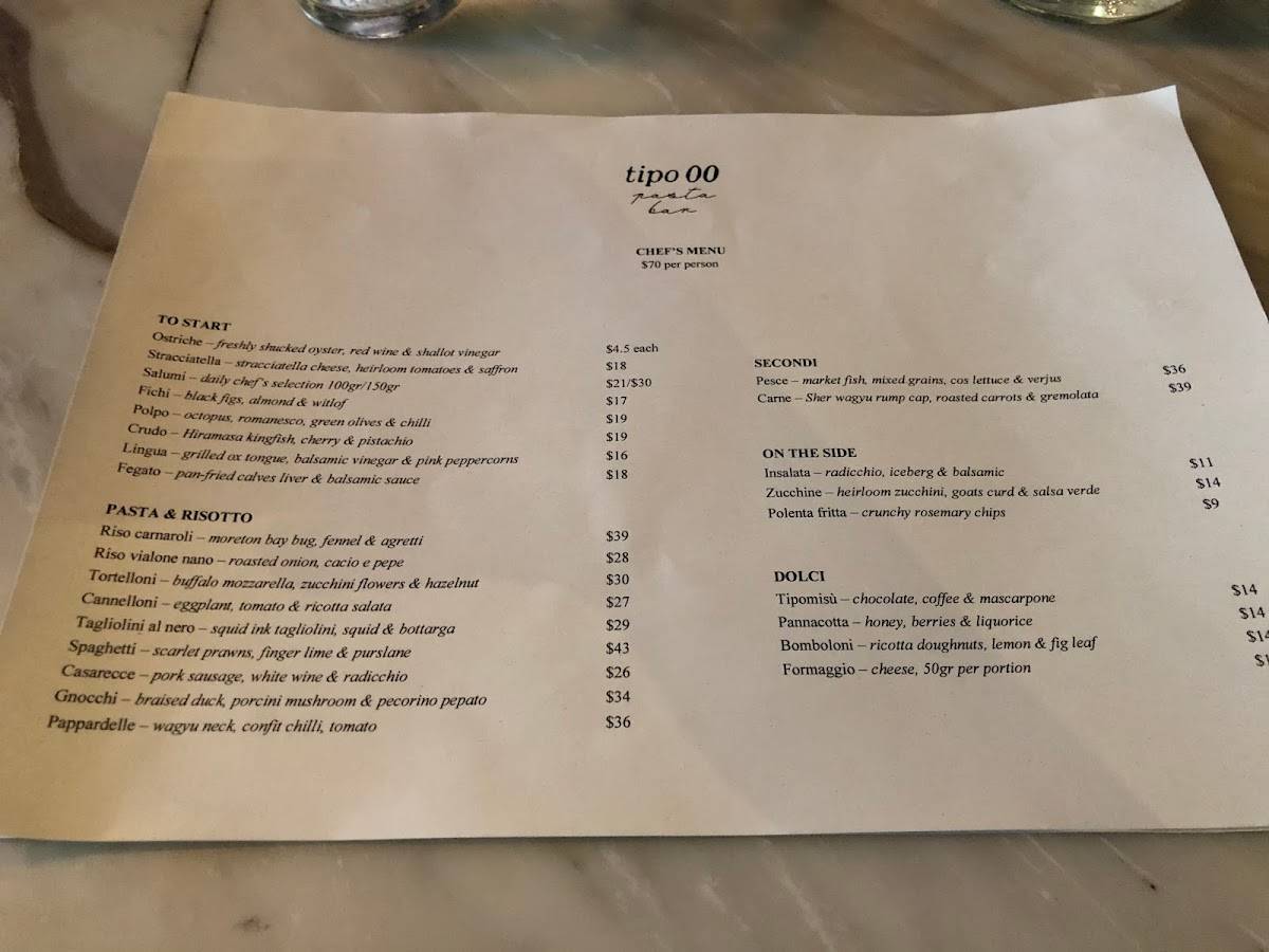 Menu at Tipo 00 restaurant, Melbourne