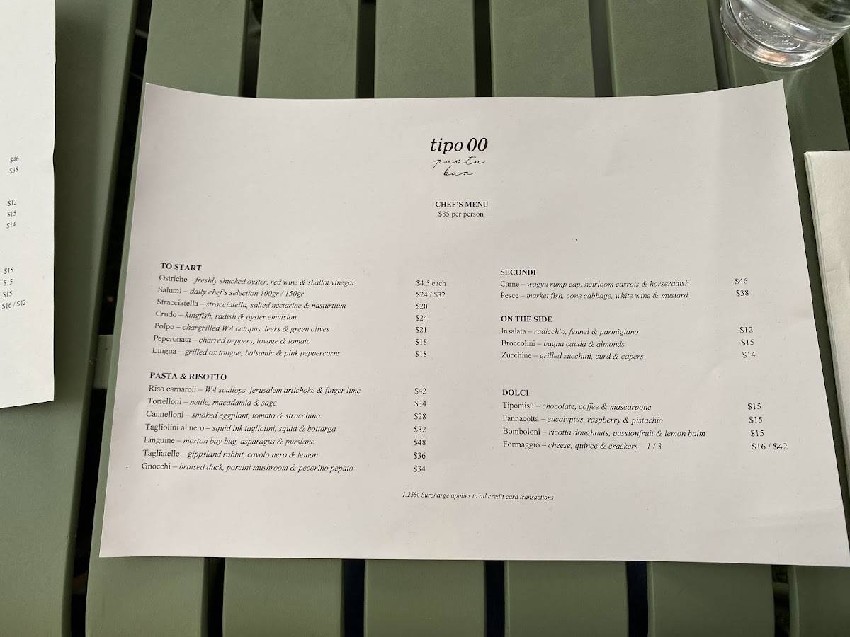 Menu at Tipo 00 restaurant, Melbourne