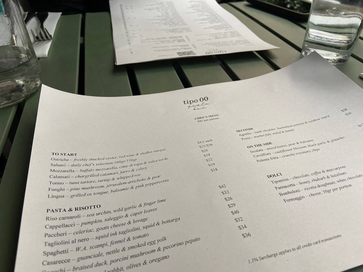 Menu at Tipo 00 restaurant, Melbourne