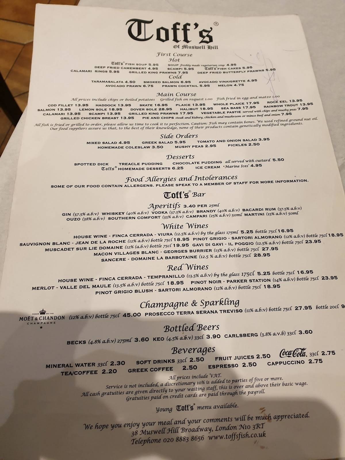 Menu at Toff’s of Muswell Hill restaurant, London