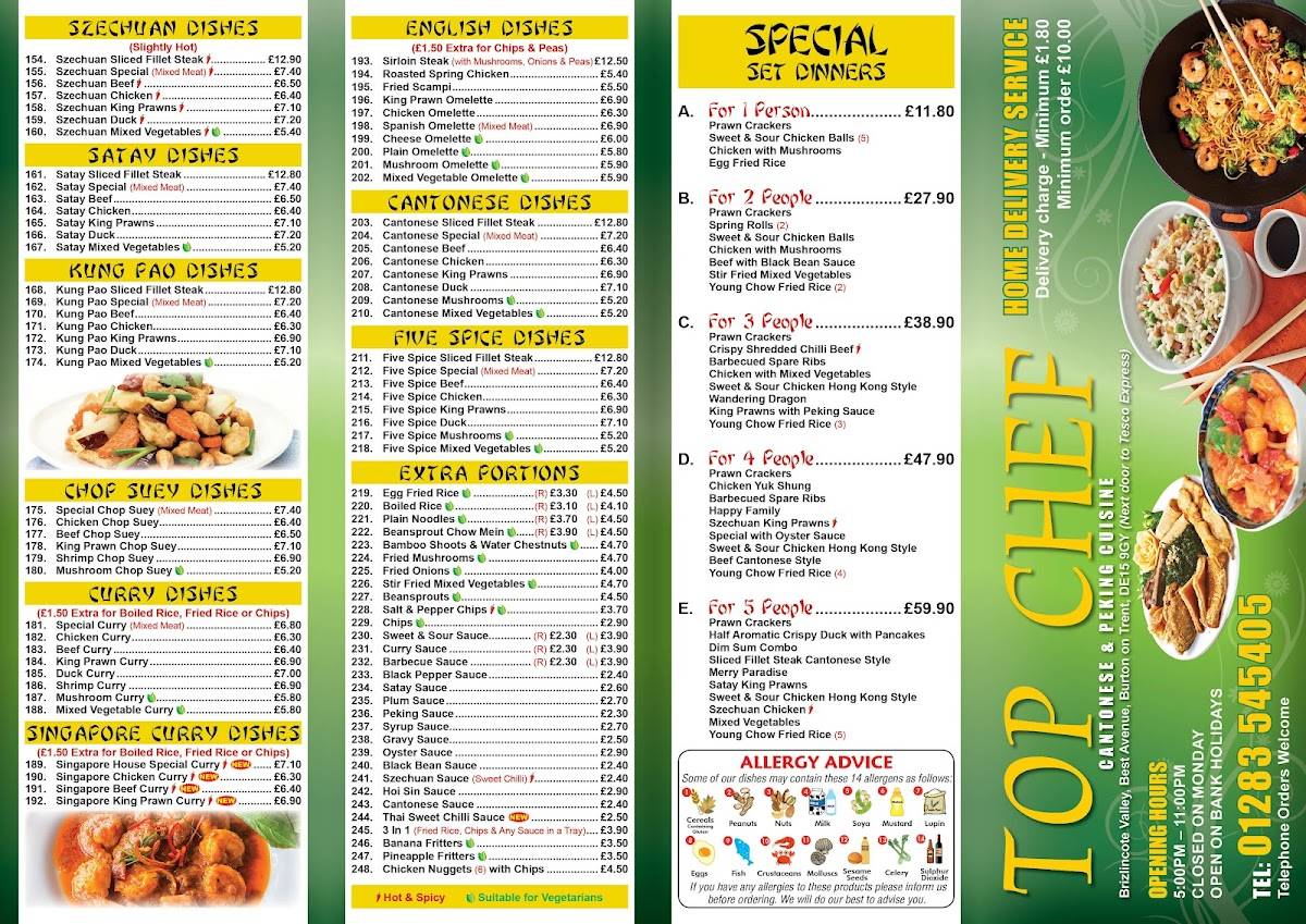 Menu at Top Chef restaurant, Burton upon Trent