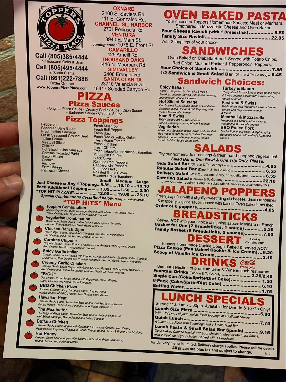 Menu at Toppers Pizza pizzeria, Simi Valley