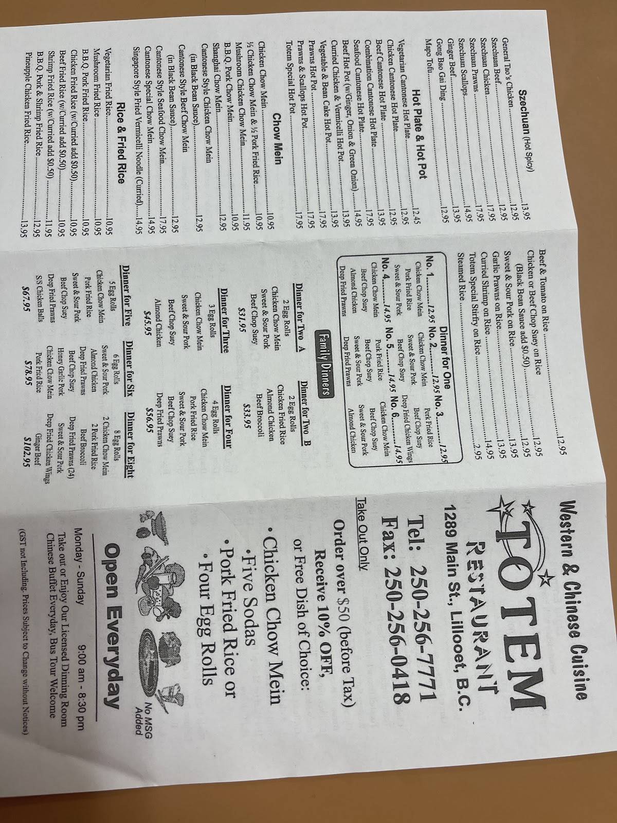 Menu at Totem Chinese Restaurant, Lillooet