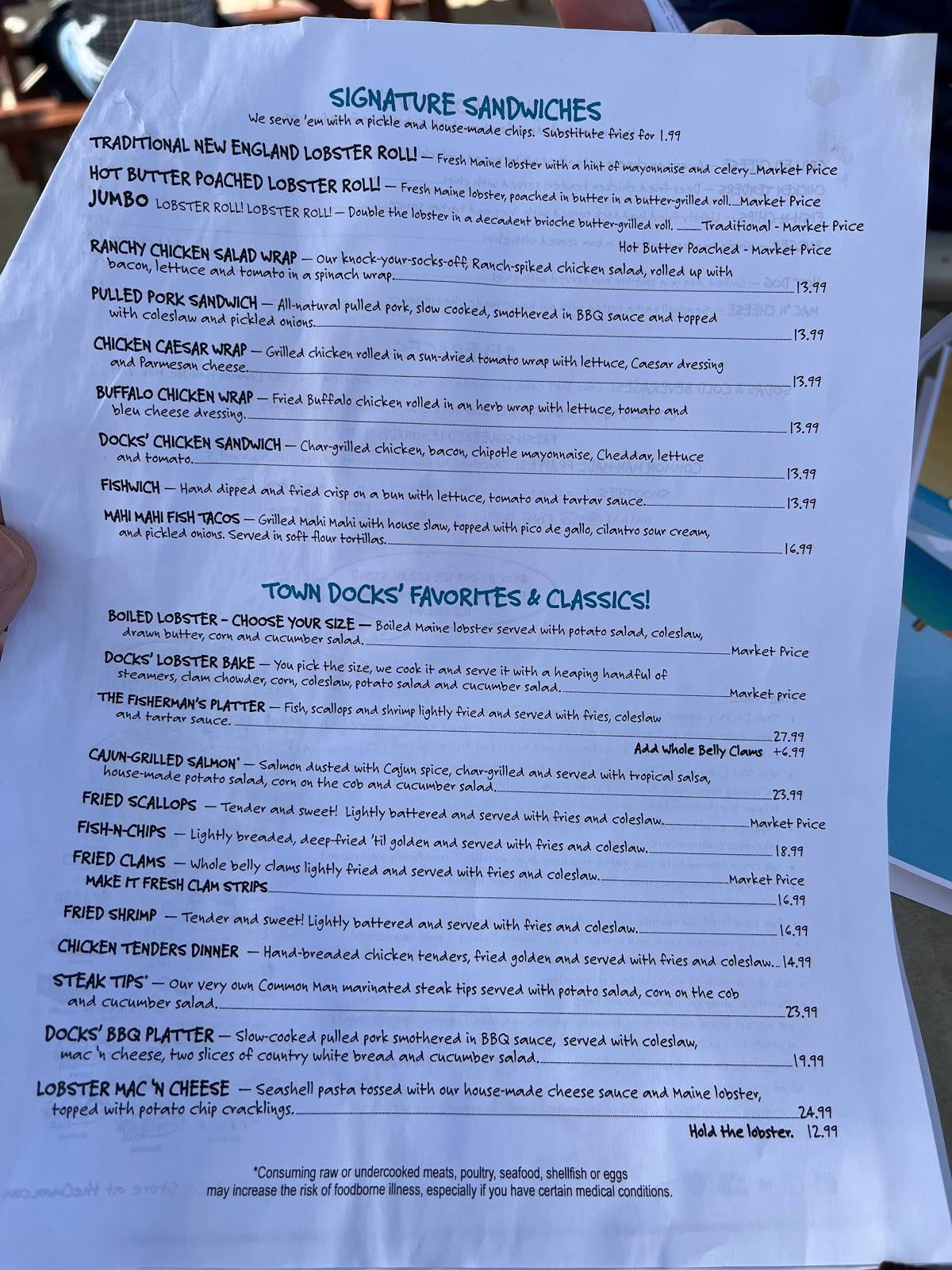 Menu at Town Docks Restaurant - Summers Only, Meredith