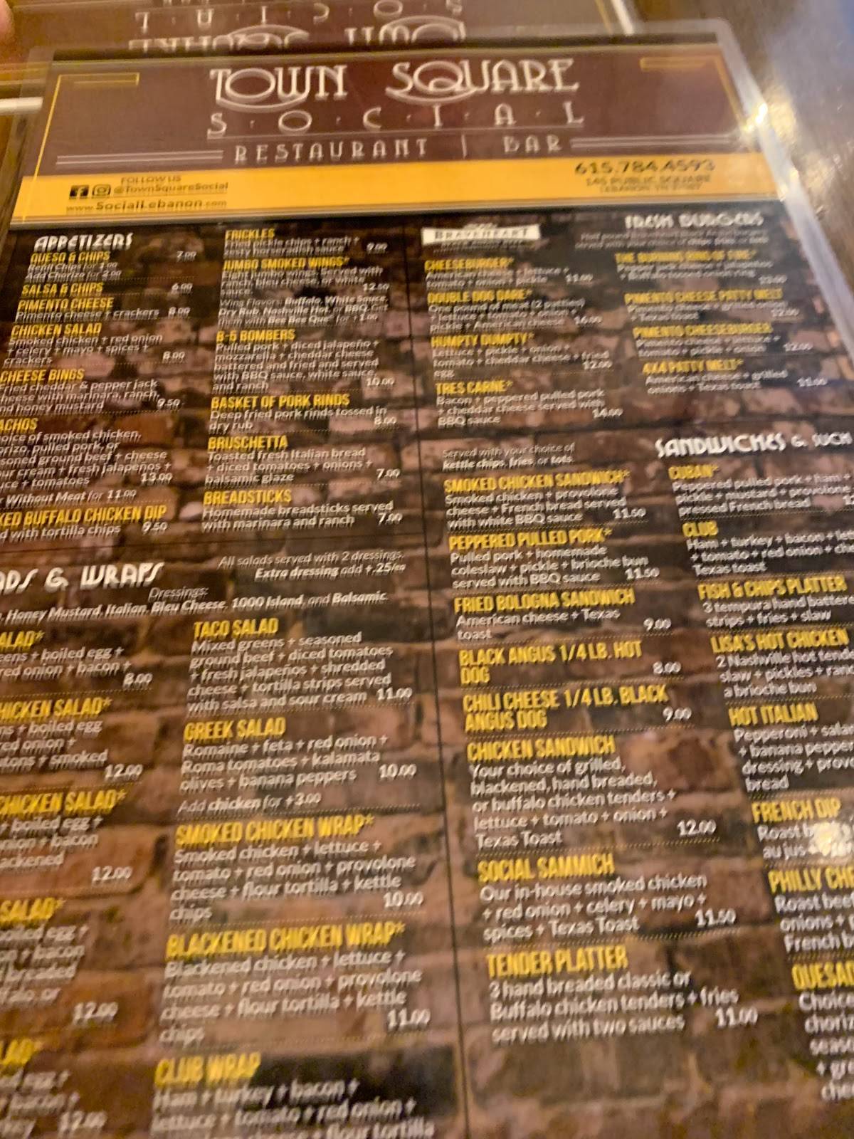 Menu at Town Square Social restaurant, Lebanon, 145 Public Sq