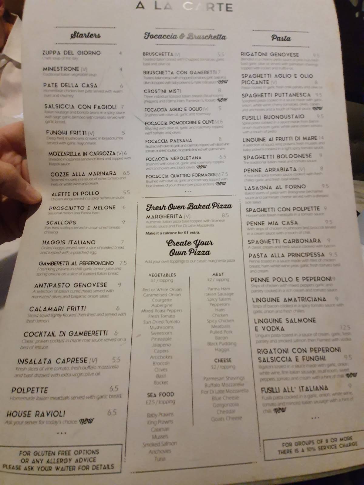 Menu at Trattoria Genova restaurant, Paisley