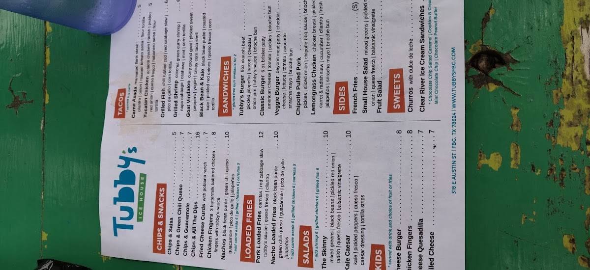 Menu at Tubby's Ice House restaurant, Fredericksburg