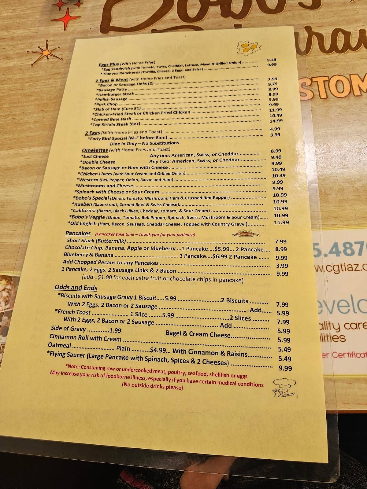 Menu at Bobo's Restaurant, Tucson