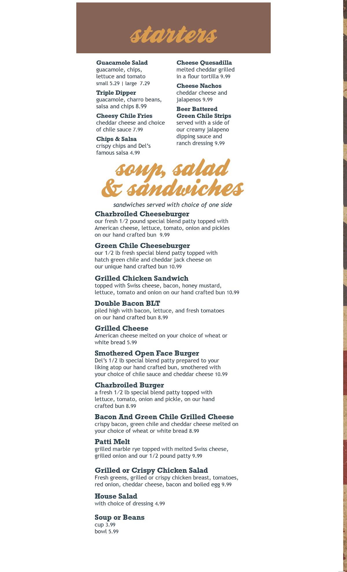 Menu at Del's Restaurant, Tucumcari