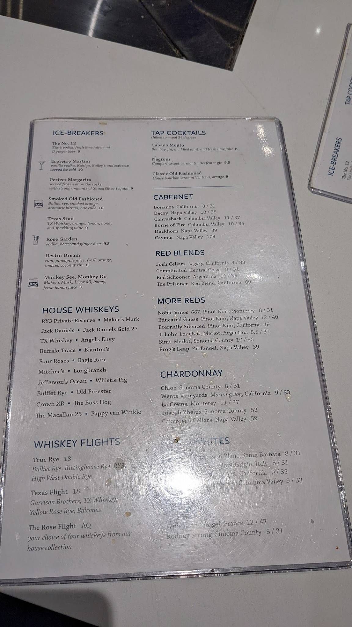 Menu at Twelve restaurant, Tyler
