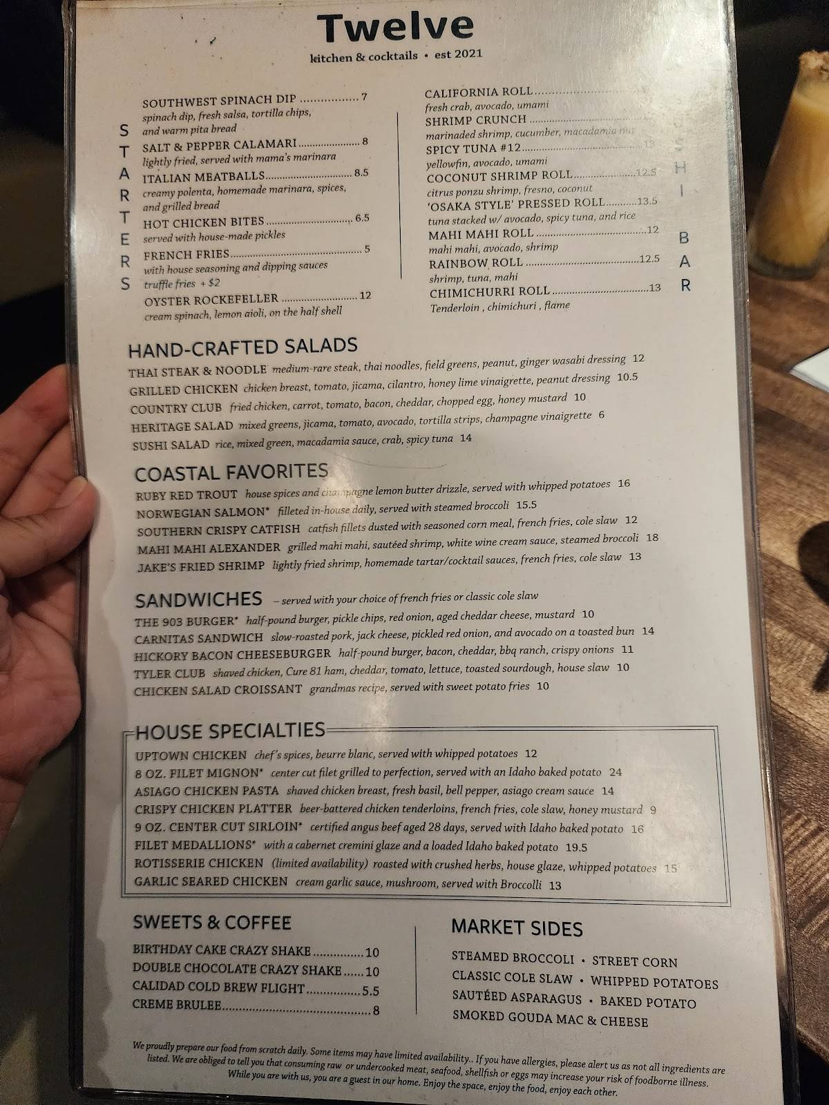 Menu at Twelve restaurant, Tyler