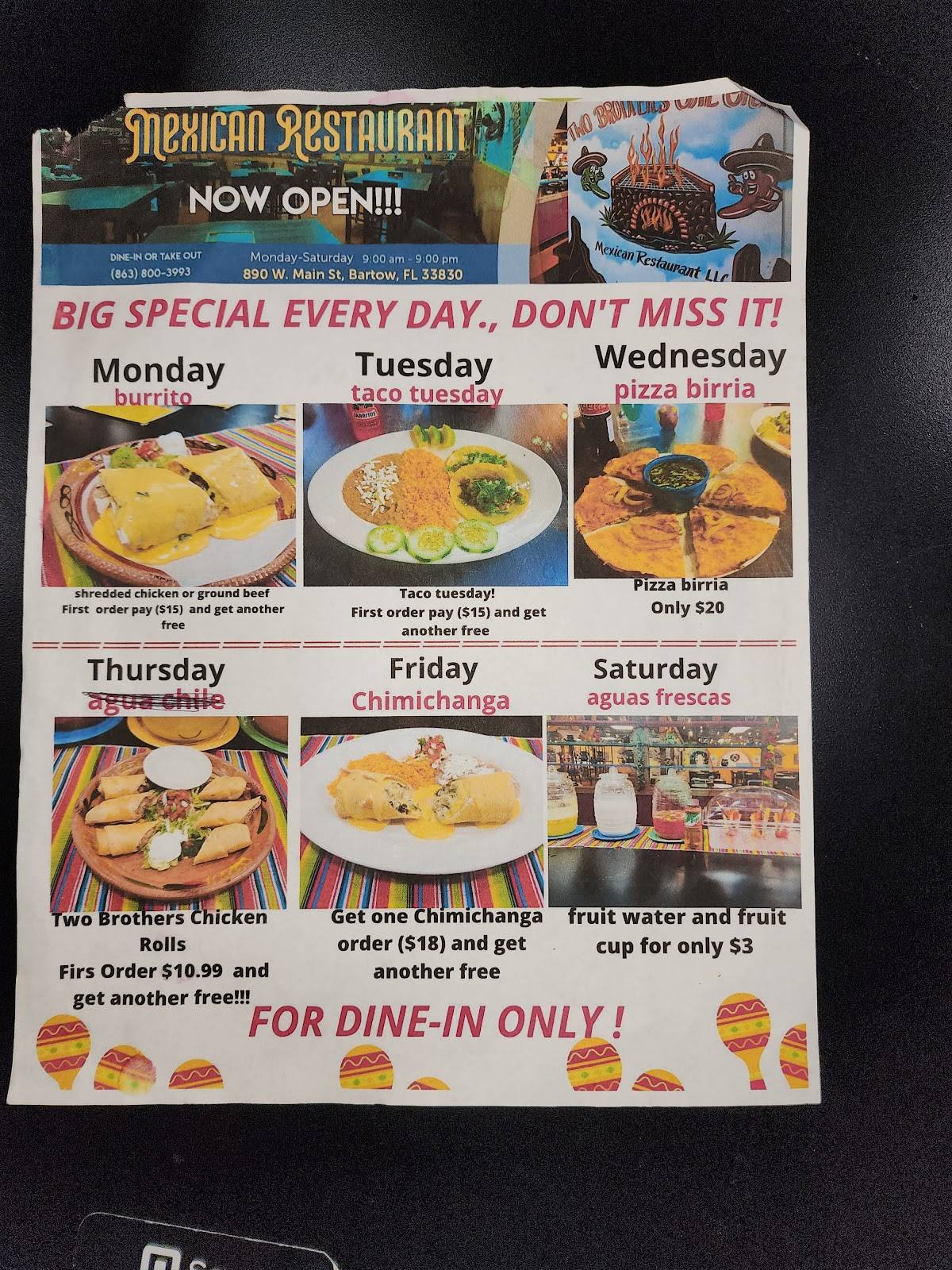 Menu at Two Brothers One grill restaurant, Bartow