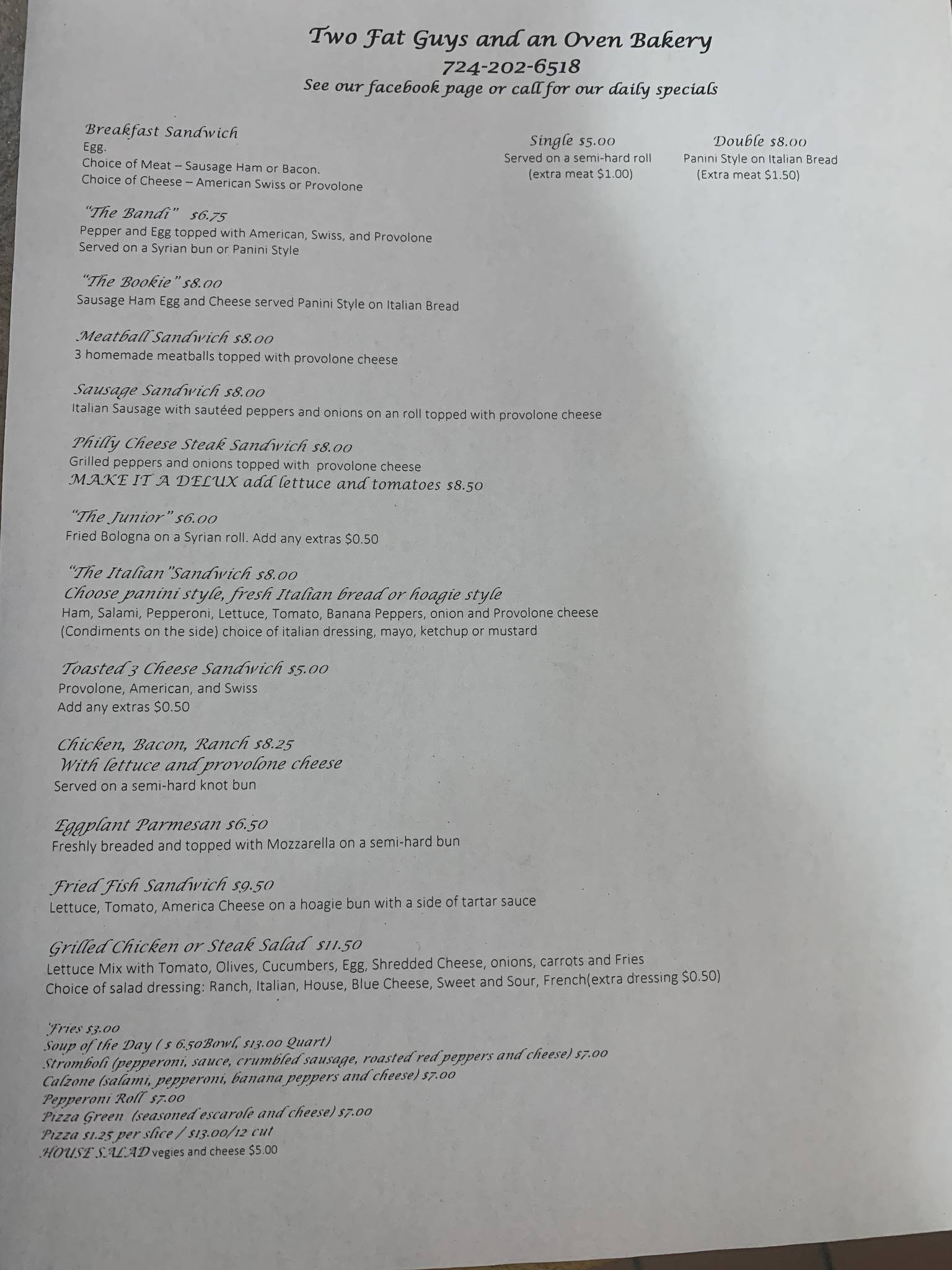 Menu at Two Fat Guys and an Oven cafe, New Castle
