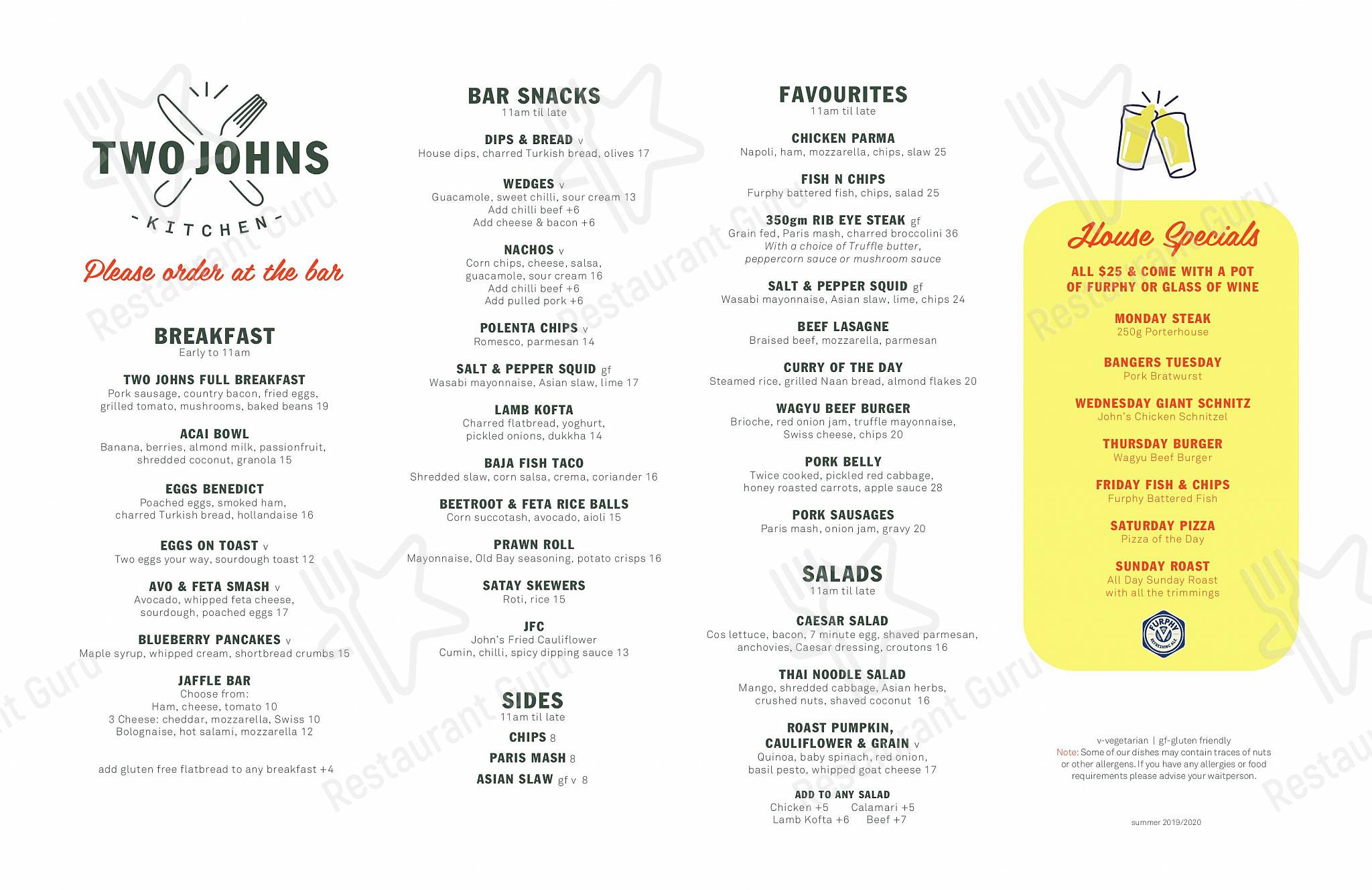 Menu at Two Johns Taphouse pub & bar, Melbourne Airport