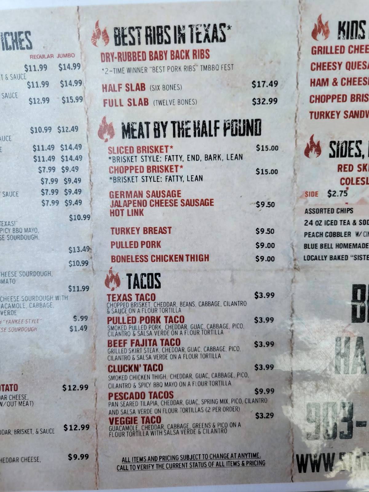 Menu at Stanley's Famous Pit Barbecue, Tyler