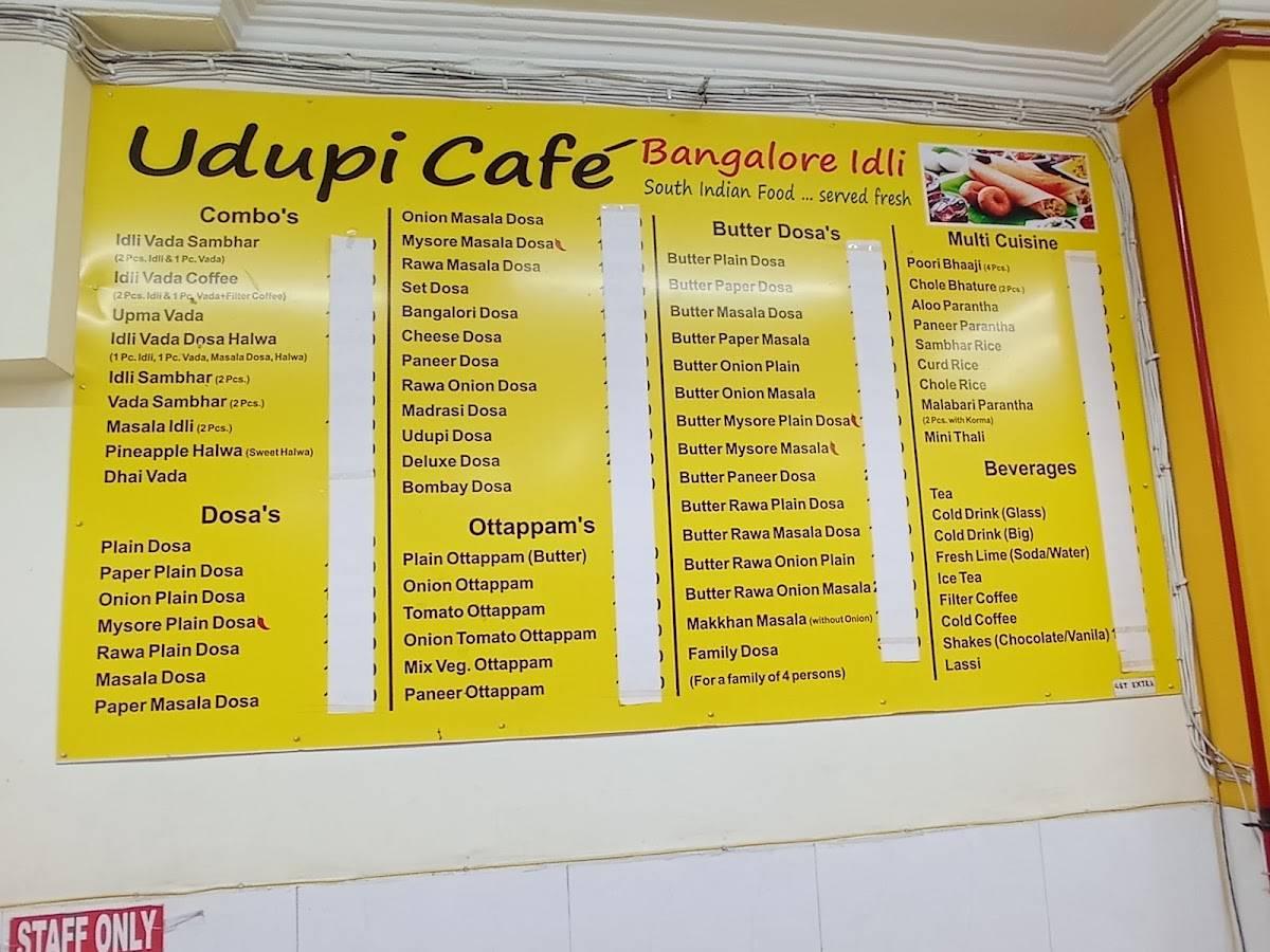 Menu at Udupi Cafe Bangalore Idli, Haridwar