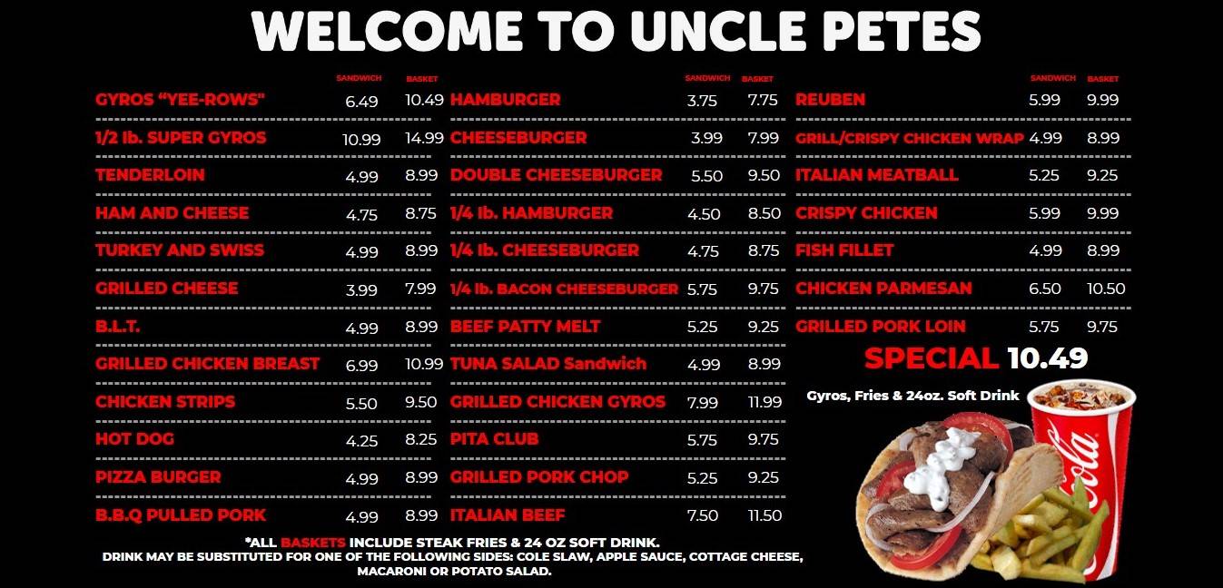 Menu at Uncle Pete's Gyros restaurant, Moline, Avenue of the Cities
