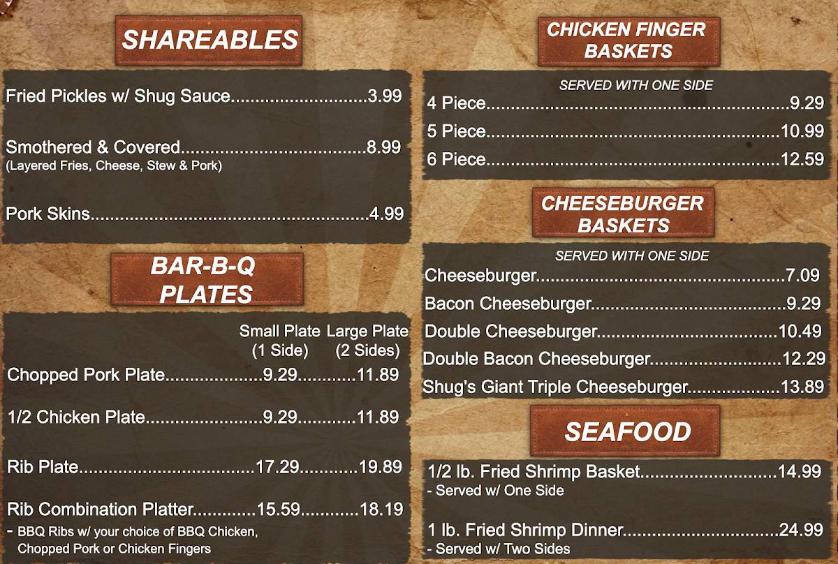Menu at Uncle Shug’s Bar-B-Q Place, Brooklet