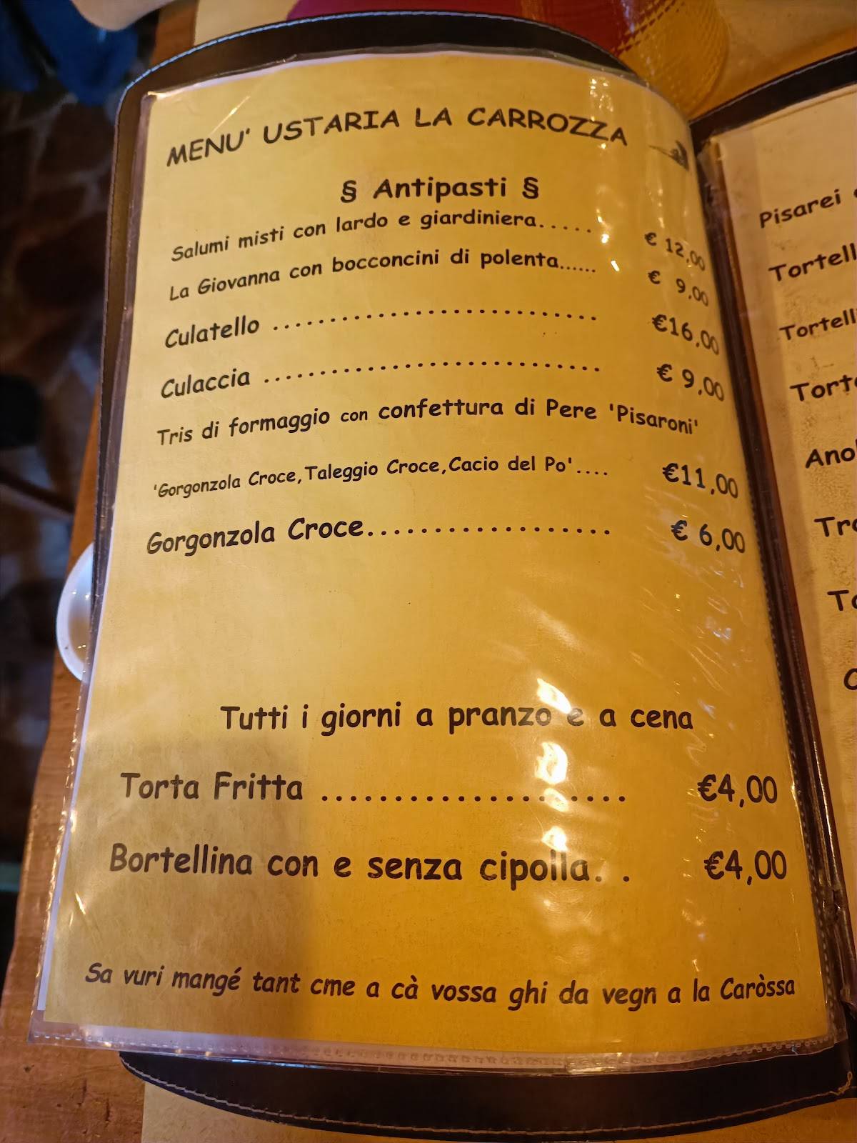 Menu da Ustaria La Carrozza ristorante, Piacenza, Via X Giugno