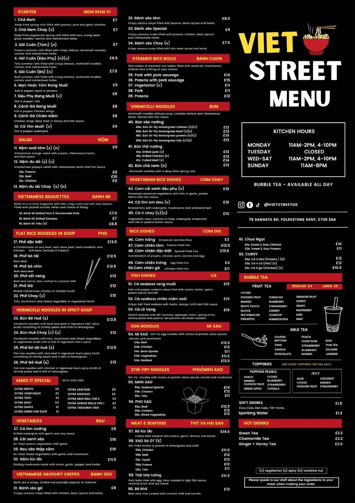 Menu at VIET STREET restaurant, Folkestone