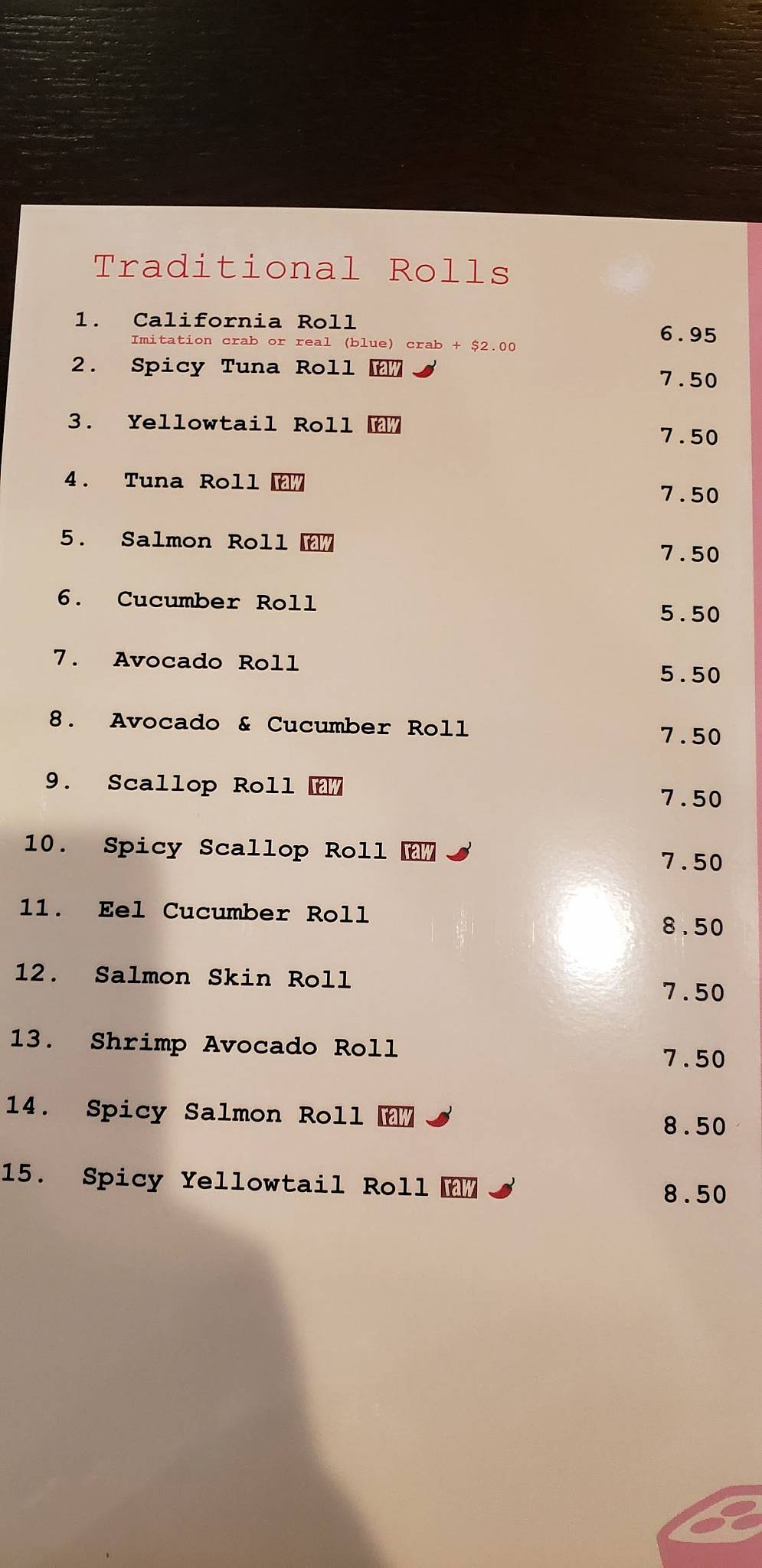 Menu at Vanilla Fish restaurant, Chino Hills