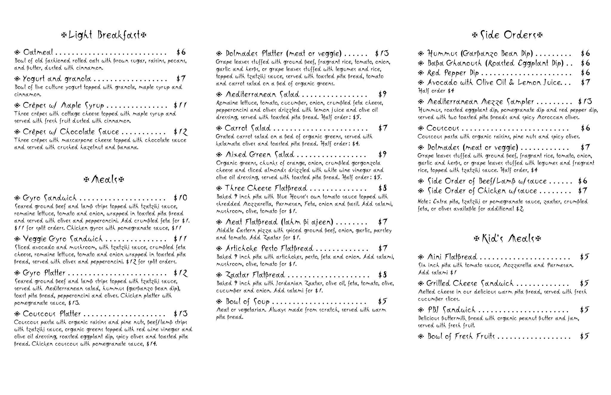 Menu at Blue House Cafe, Vernonia, 919 Bridge St