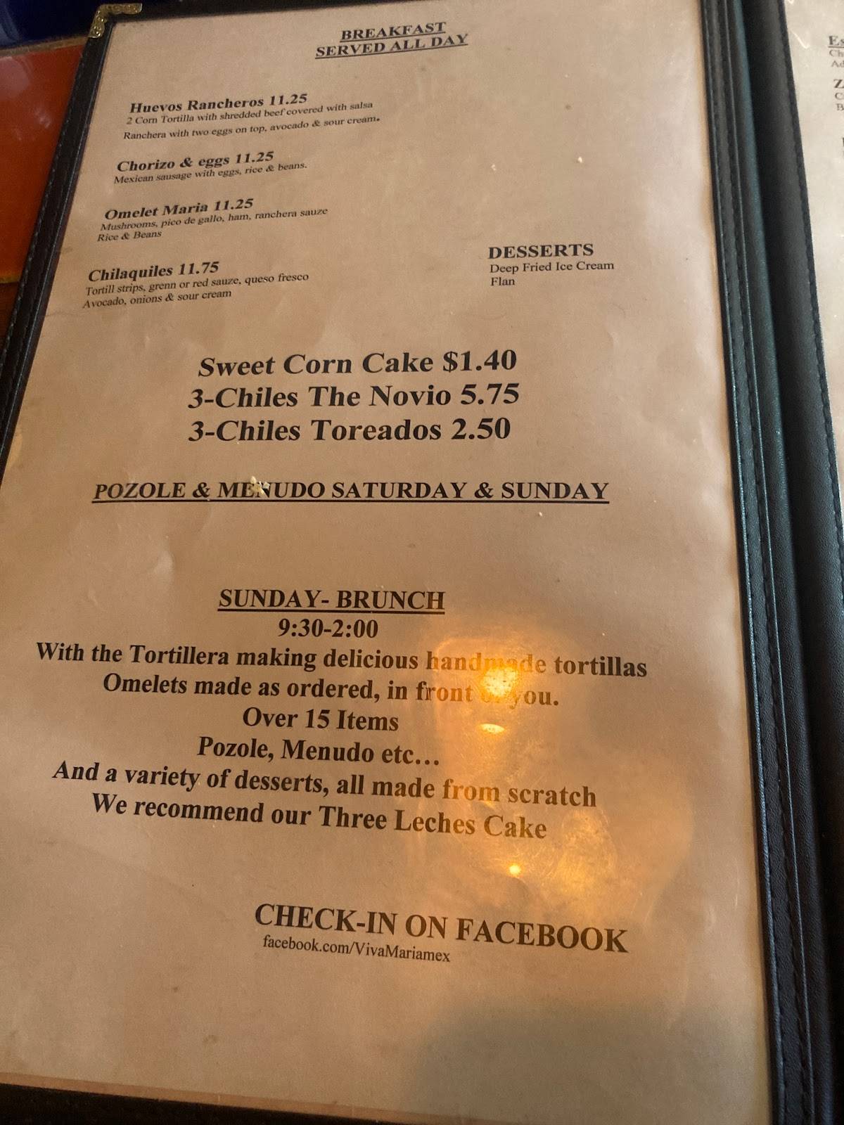 Menu at Viva Maria restaurant, Apple Valley