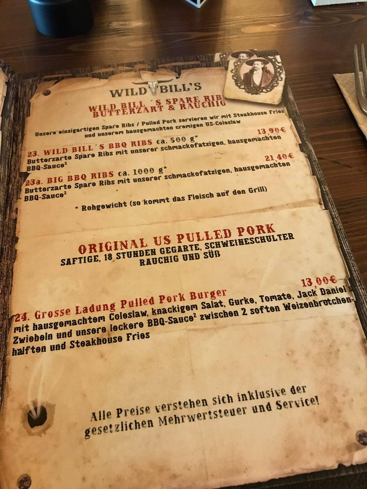 Speisekarte von WILD BILL´S SALOON steakhaus, Rastatt