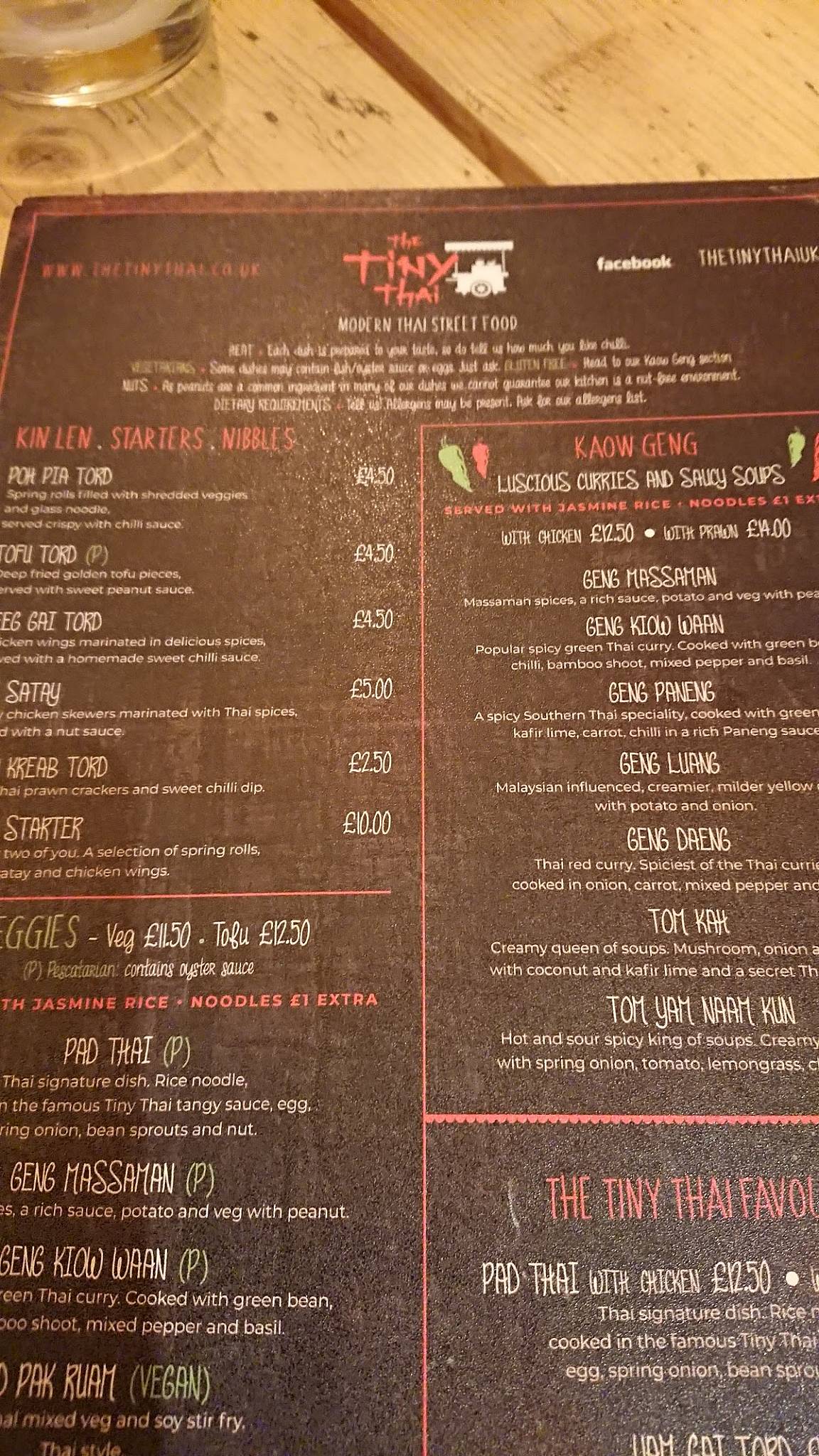 Menu at The Tiny Thai restaurant, Wadebridge