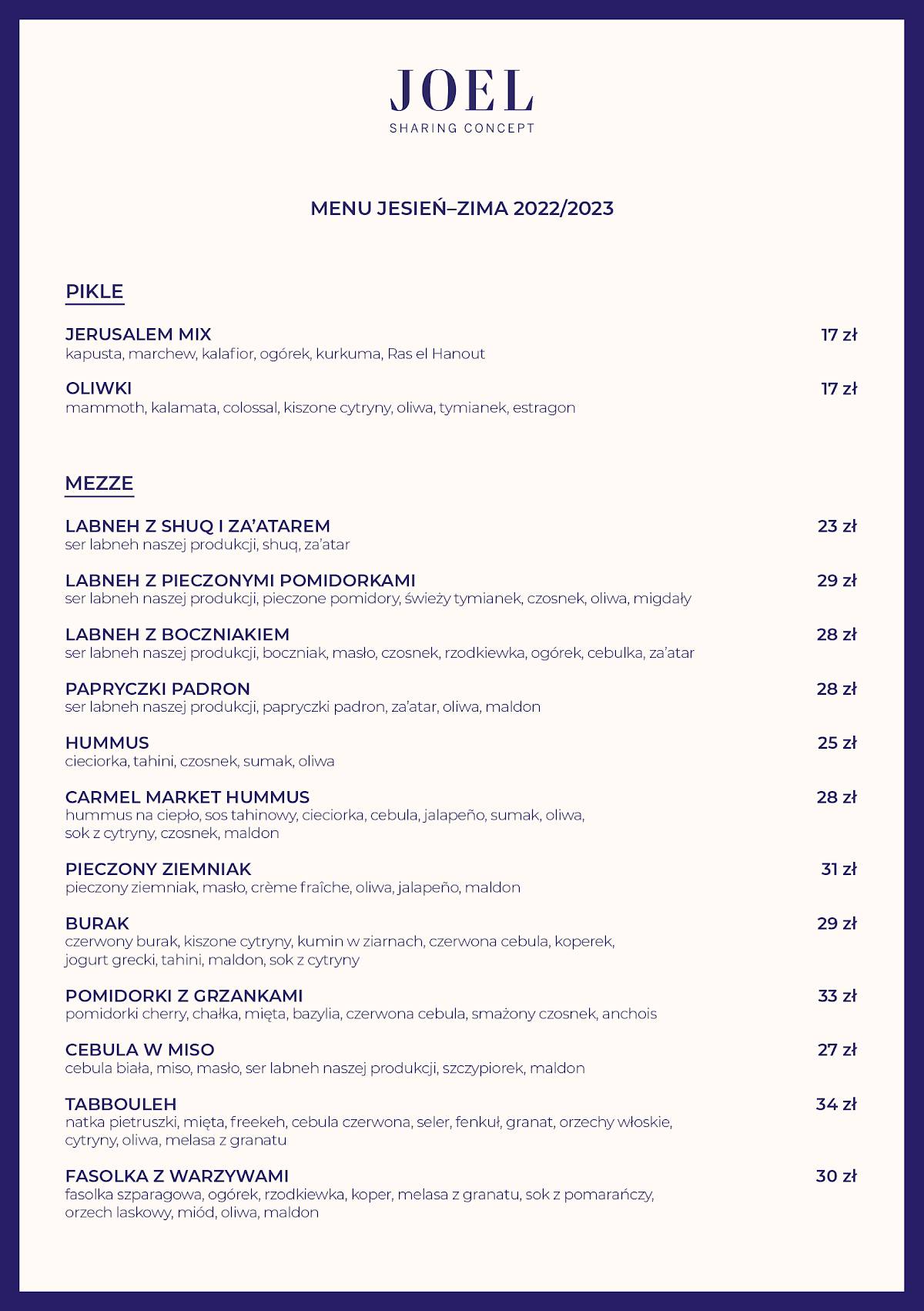 Menu at JOEL SHARING CONCEPT restaurant, Warsaw