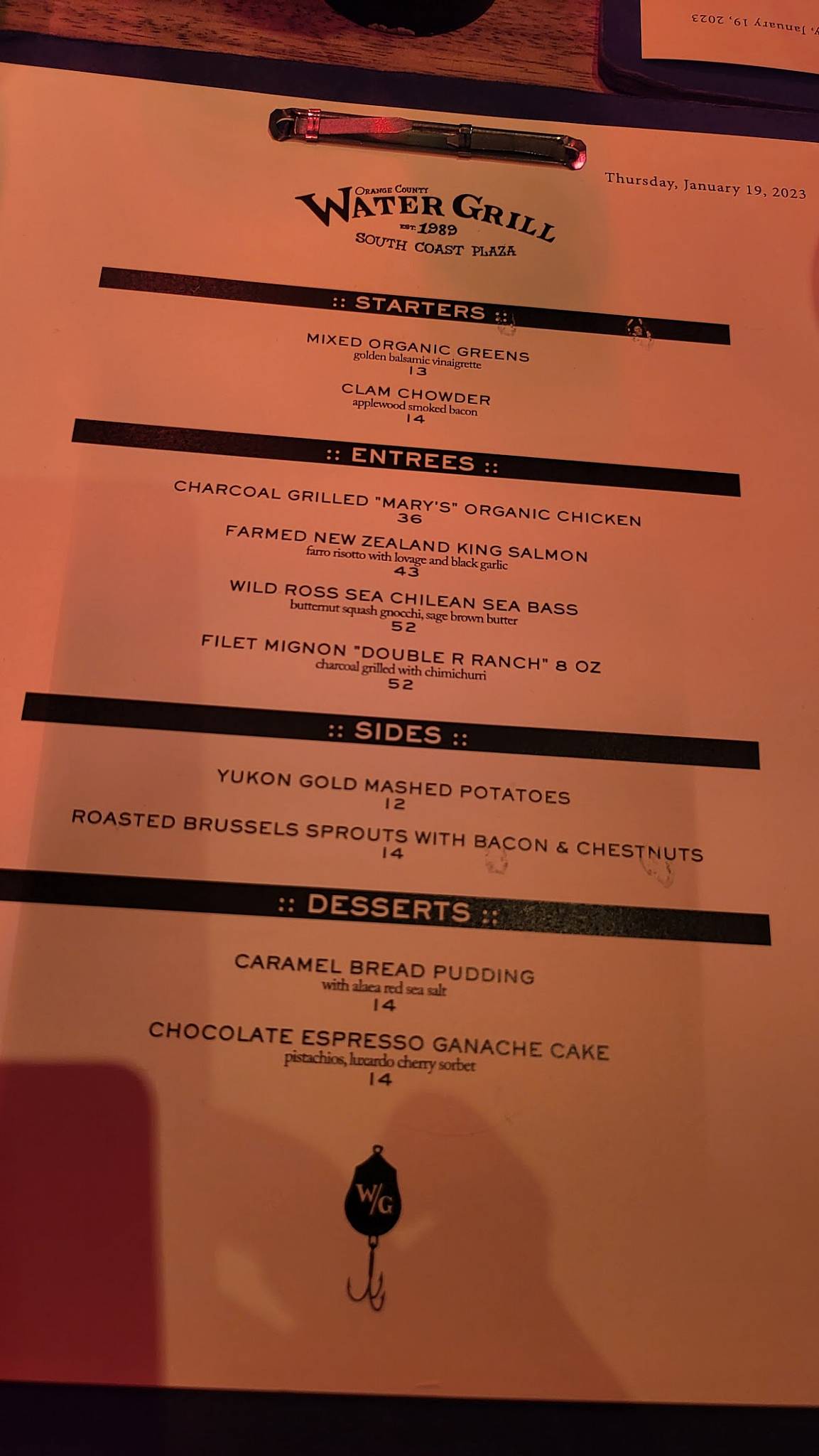 Menu at Water Grill restaurant, Costa Mesa