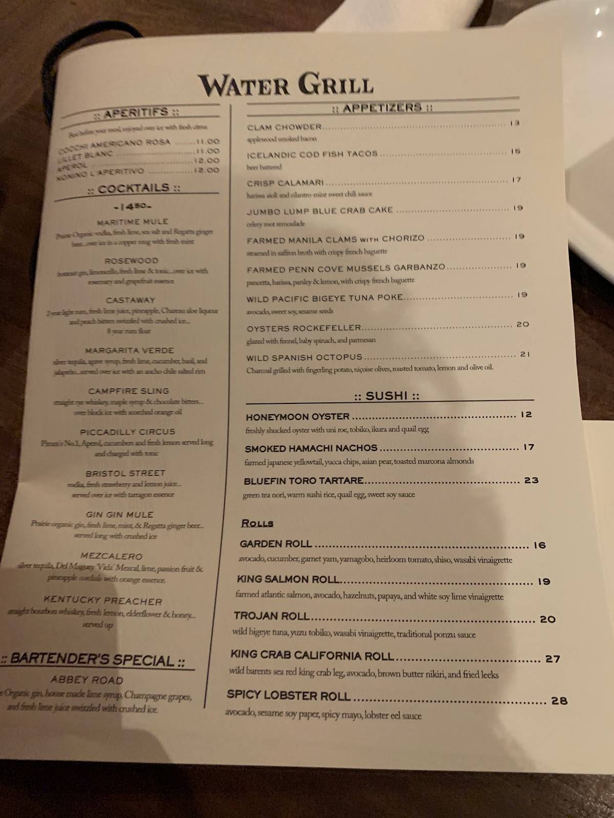 Menu at Water Grill restaurant, Costa Mesa