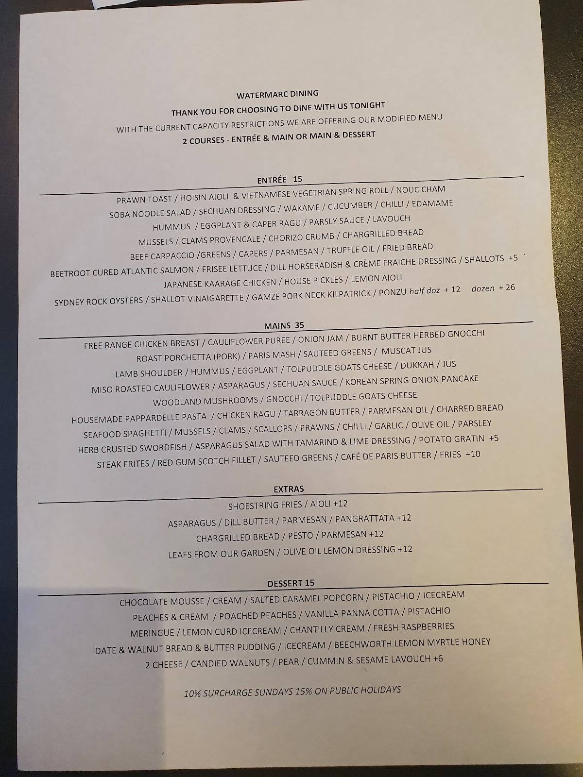Menu at Watermarc Dining restaurant, Wangaratta