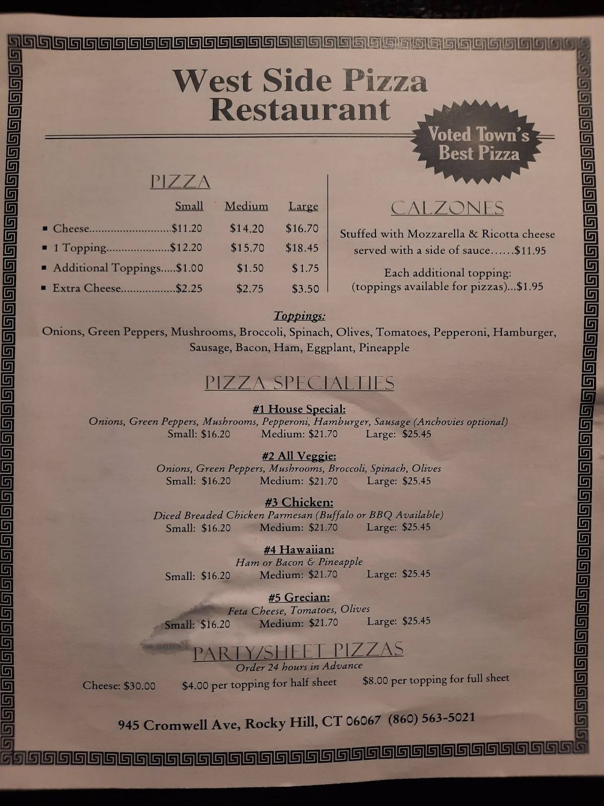 Menu at West Side Pizza Restaurant, Rocky Hill