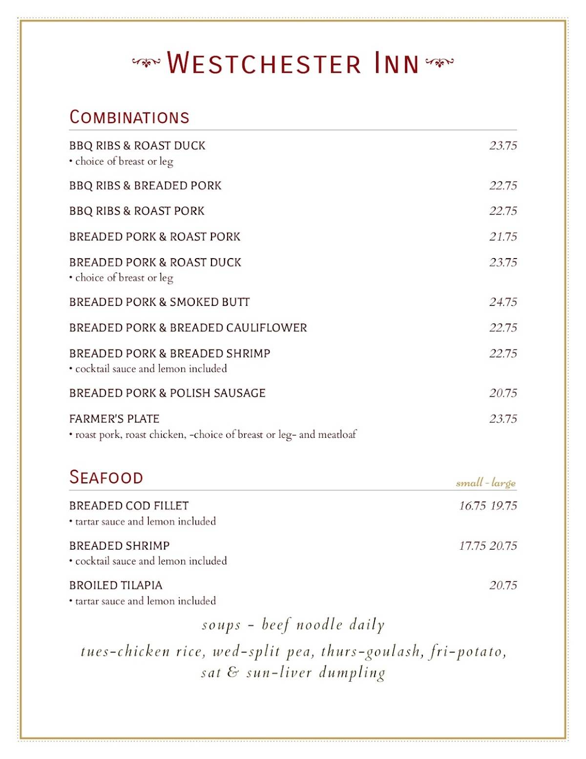 Menu at Westchester Inn restaurant, Westchester