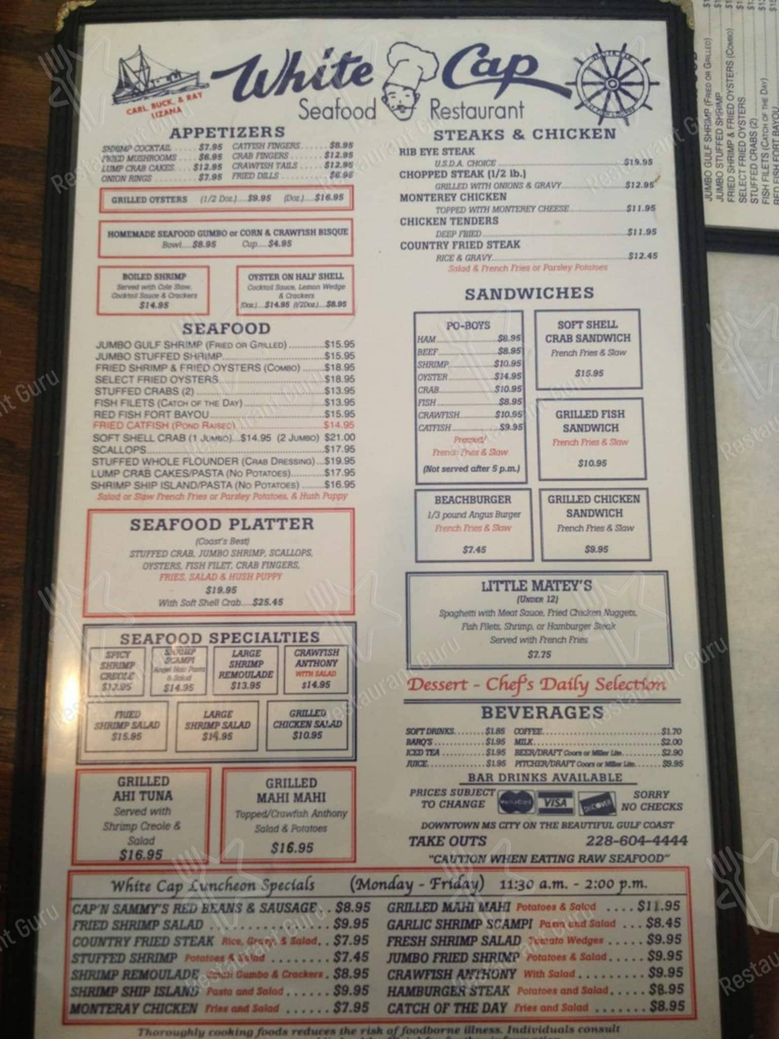 Menu at White Cap Restaurant, Gulfport, 560 Beach Dr