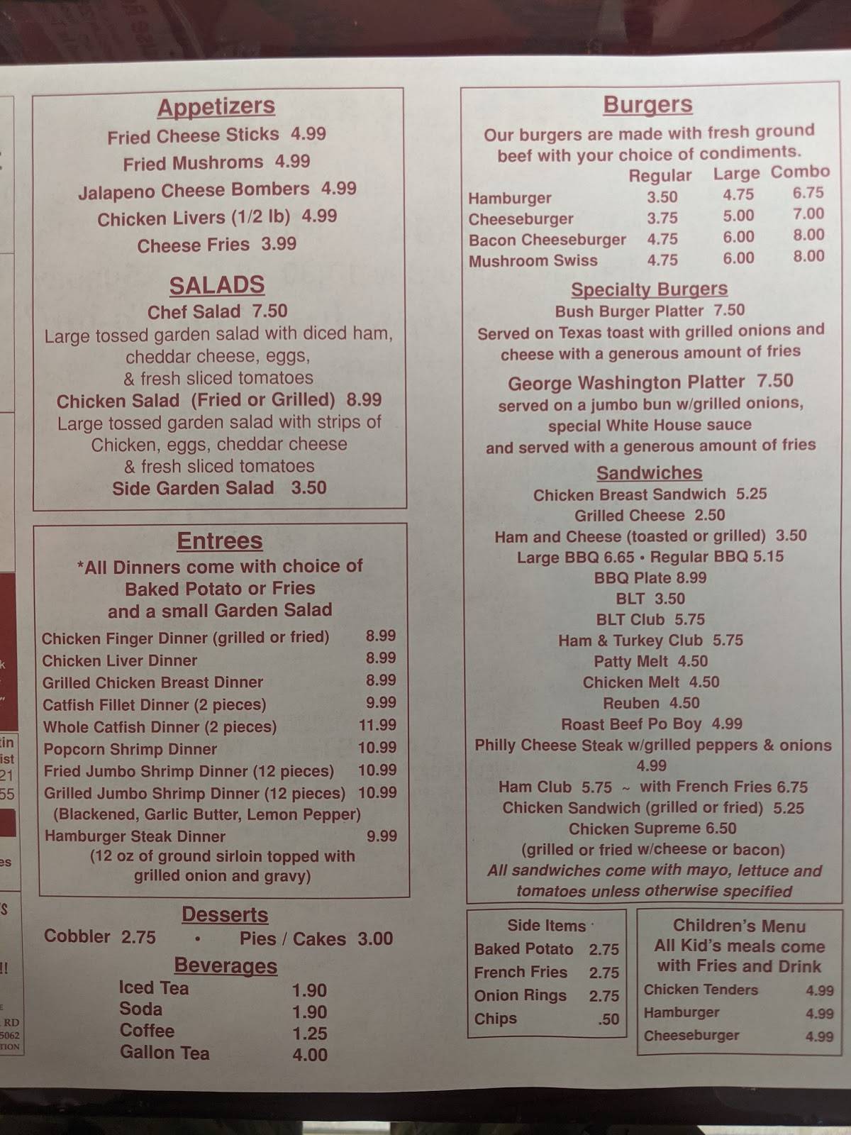 Menu at White House Restaurant, Warrior