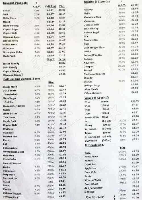 Menu at White Lion (Patricroft) pub & bar, Manchester, 133 Liverpool Rd