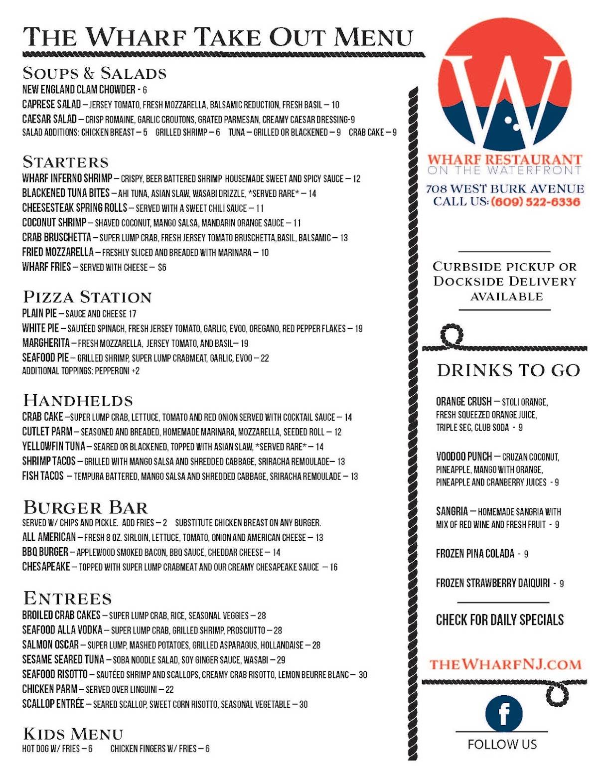 Menu at The Wharf restaurant, Wildwood