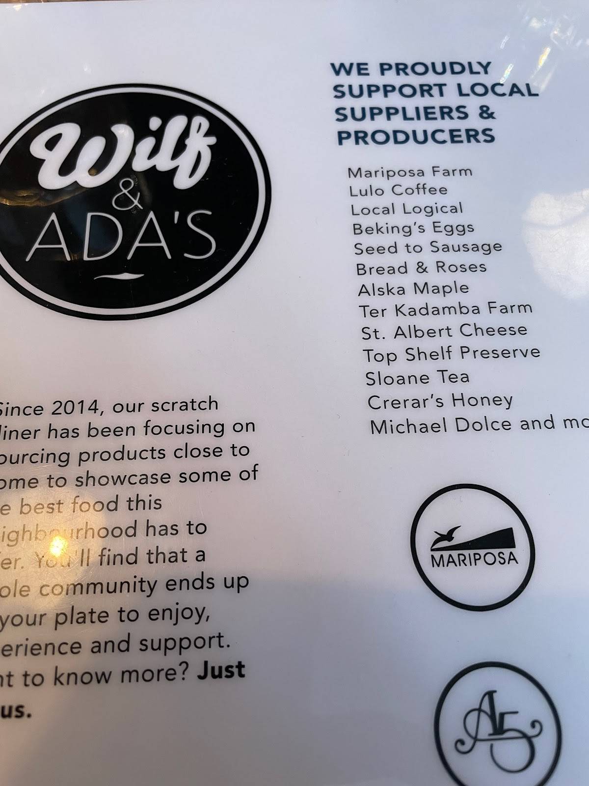 Menu at Wilf & Ada's (No Reservations) restaurant, Ottawa