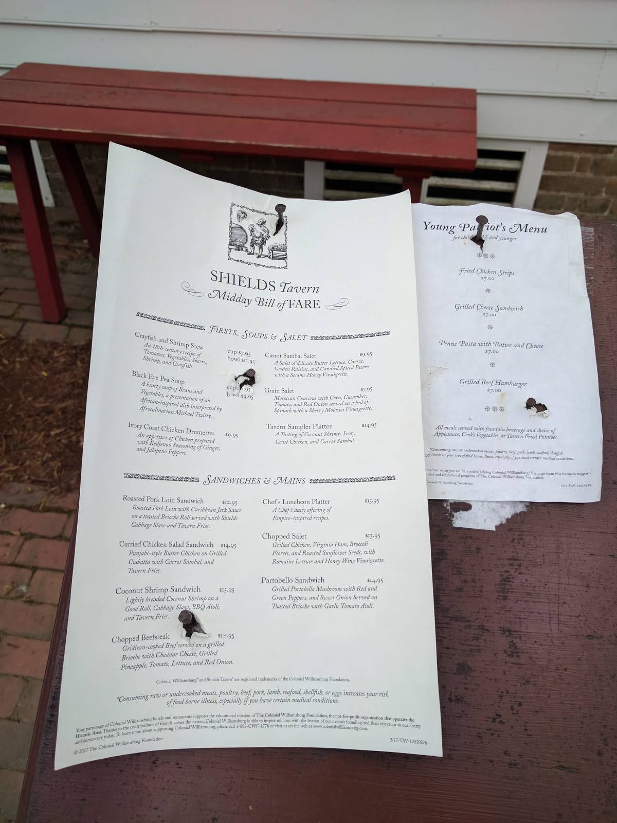 Menu at Shields Tavern restaurant, Williamsburg