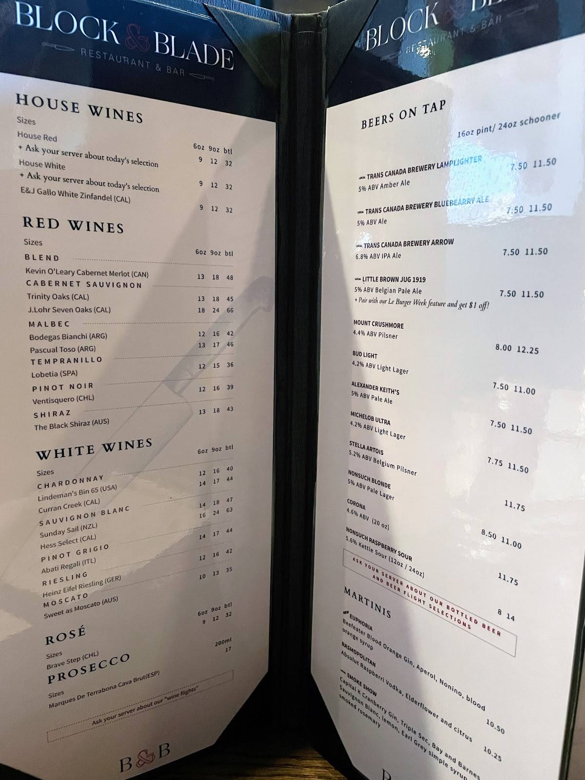 Menu at Block & Blade Restaurant and Bar, Winnipeg