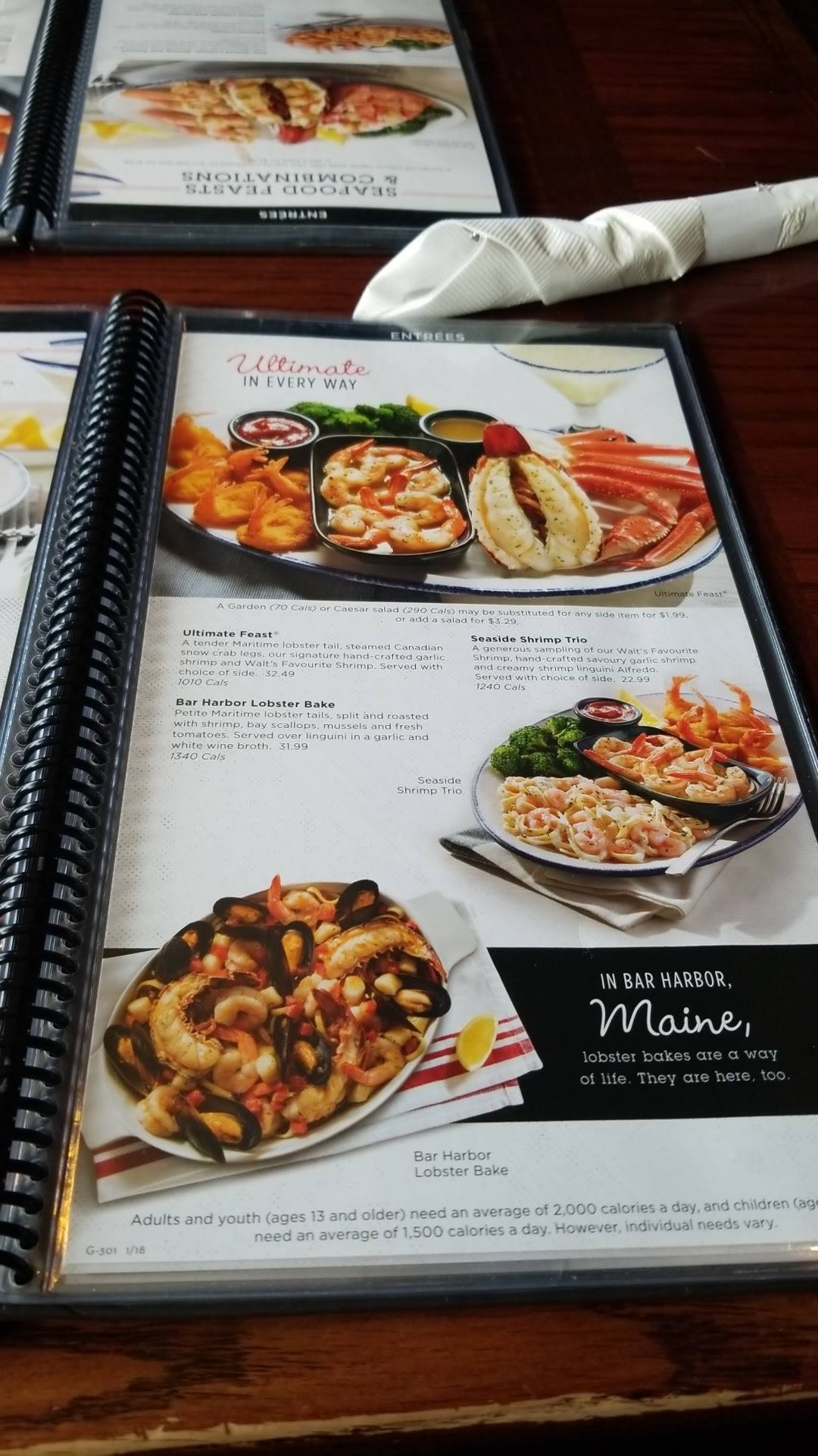 Menu at Red Lobster restaurant, Winnipeg, 1540 Portage Ave