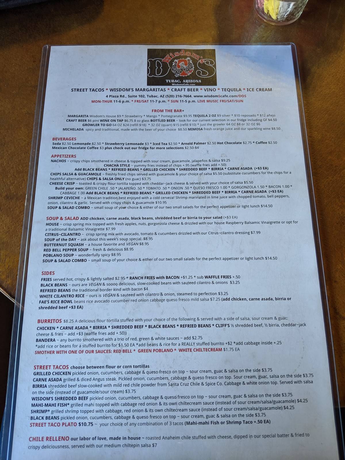 Menu at Wisdom's Cafe, Tumacacori-Carmen