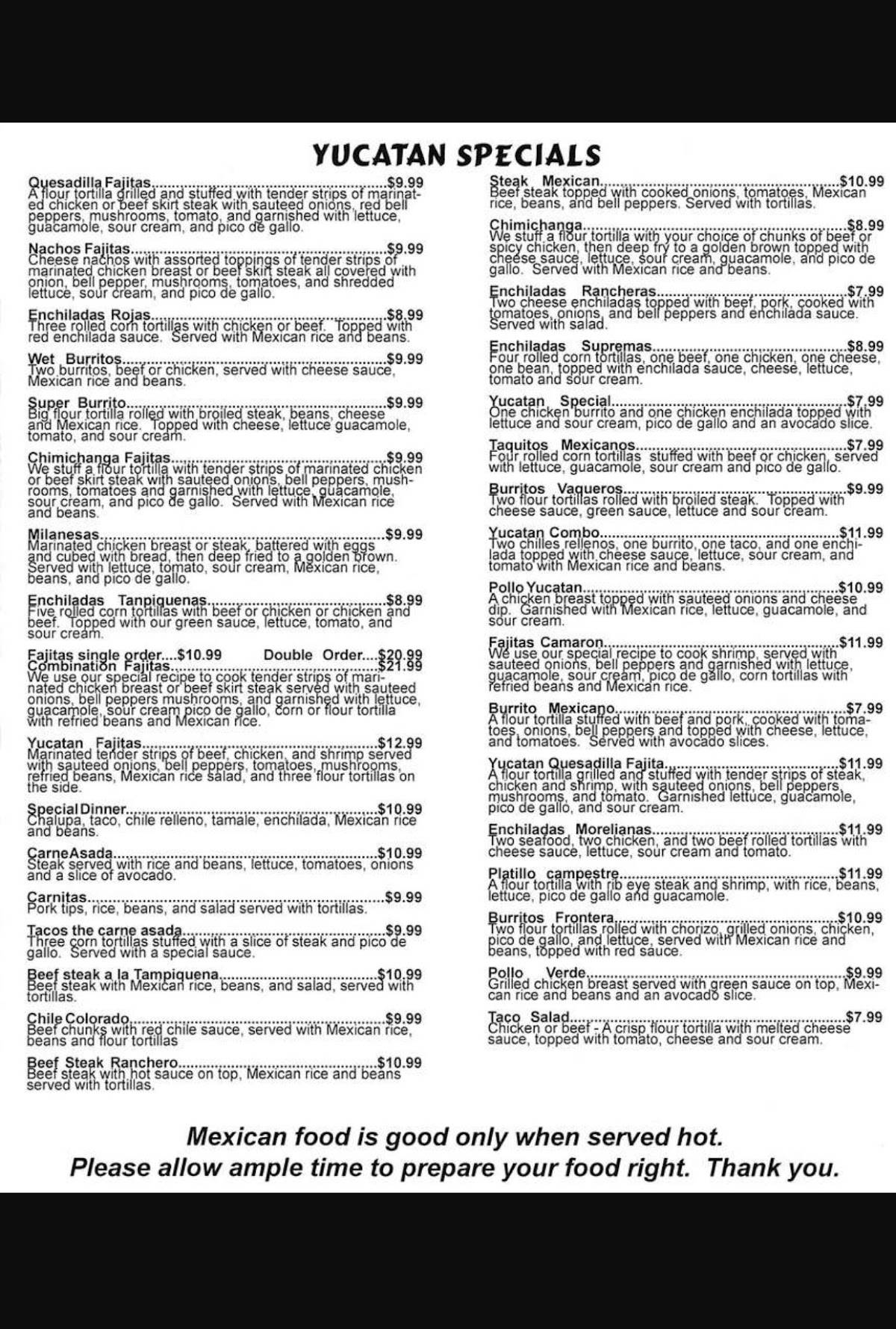 Menu at Yucatan Restaurant, Pineville, 200 Sandifer Ln